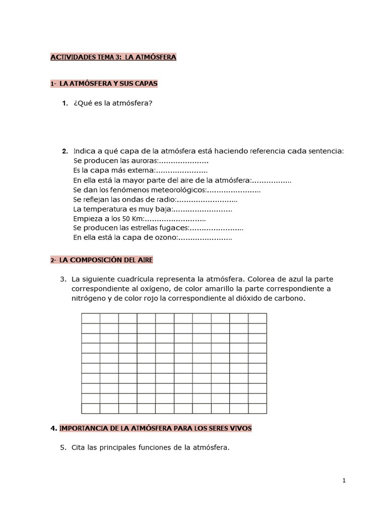 Actividades Tema 3. ATMÓSFERA | PDF