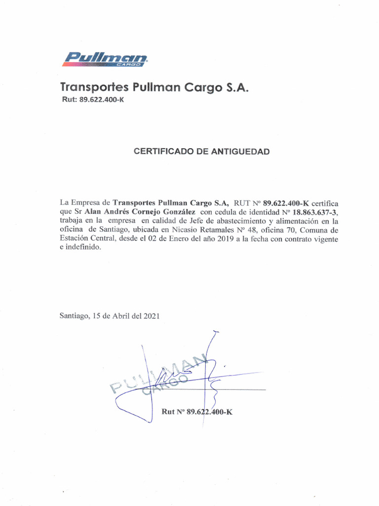 Certificado de Antiguedad Alan | PDF