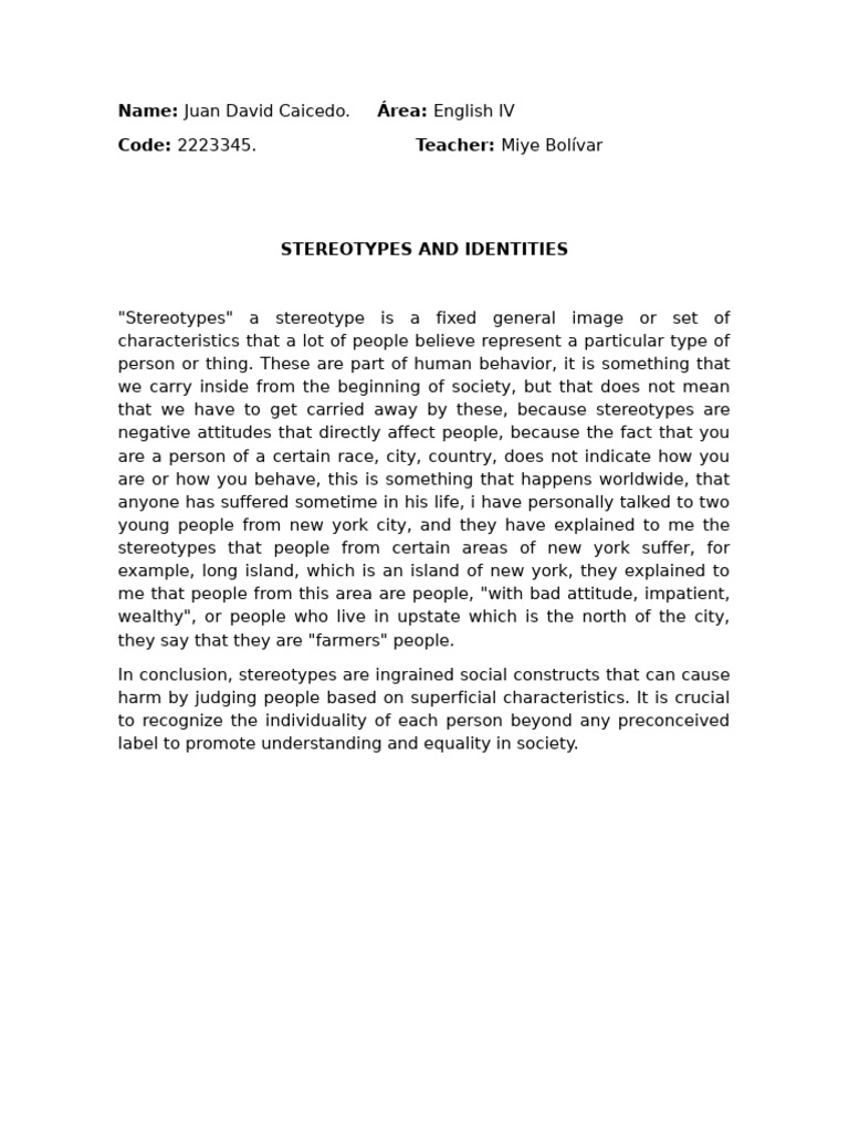 Stereotypes and Identities, Juan David Caicedo | PDF
