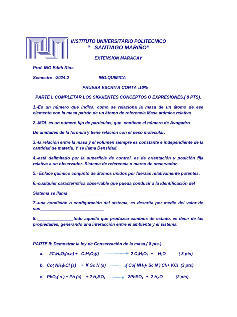 Prueba Escrita Corta, Ing Quimica, 1 Er Corte, Semestre 2024-2 | PDF