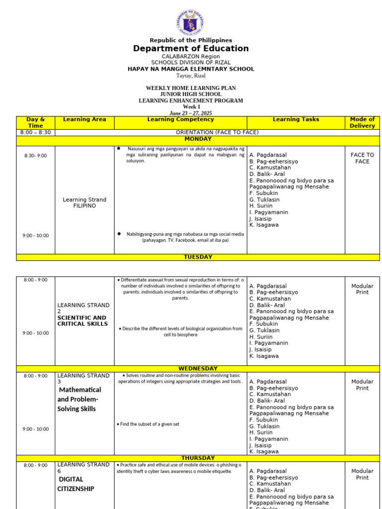 Weekly Home Learning Plan Week 1 FOR JHS | PDF