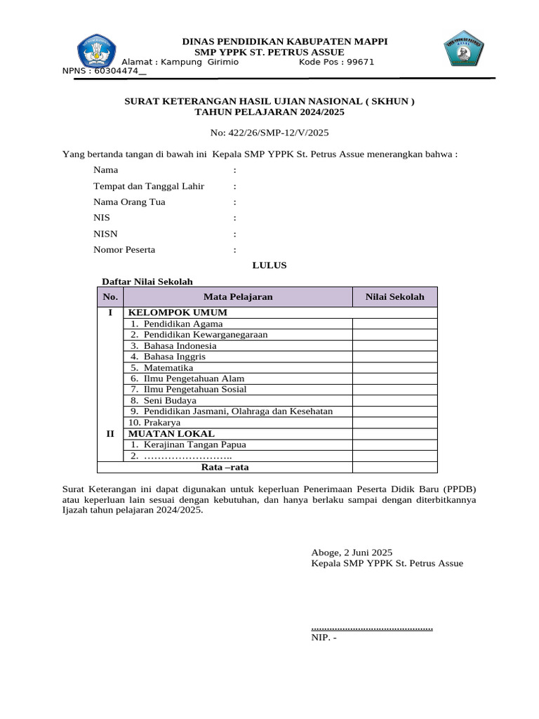 SKHUN SMP 2025: Surat Keterangan Lulus | PDF