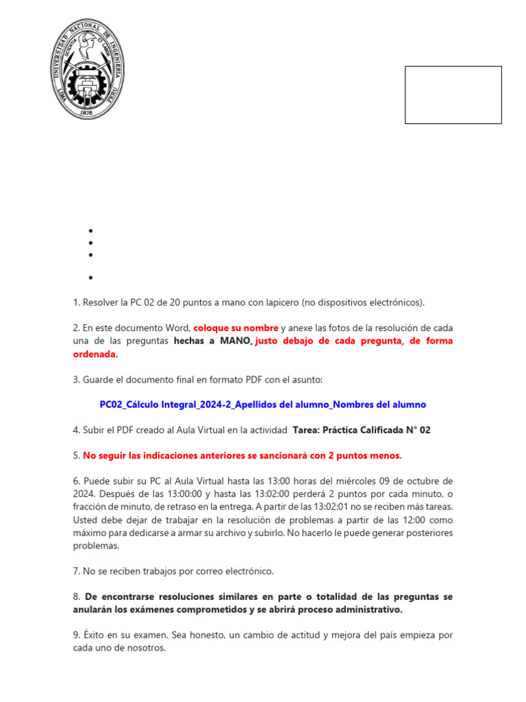 Práctica Calificada N02 Cálculo Integral - 2024-2 | PDF | Integral ...