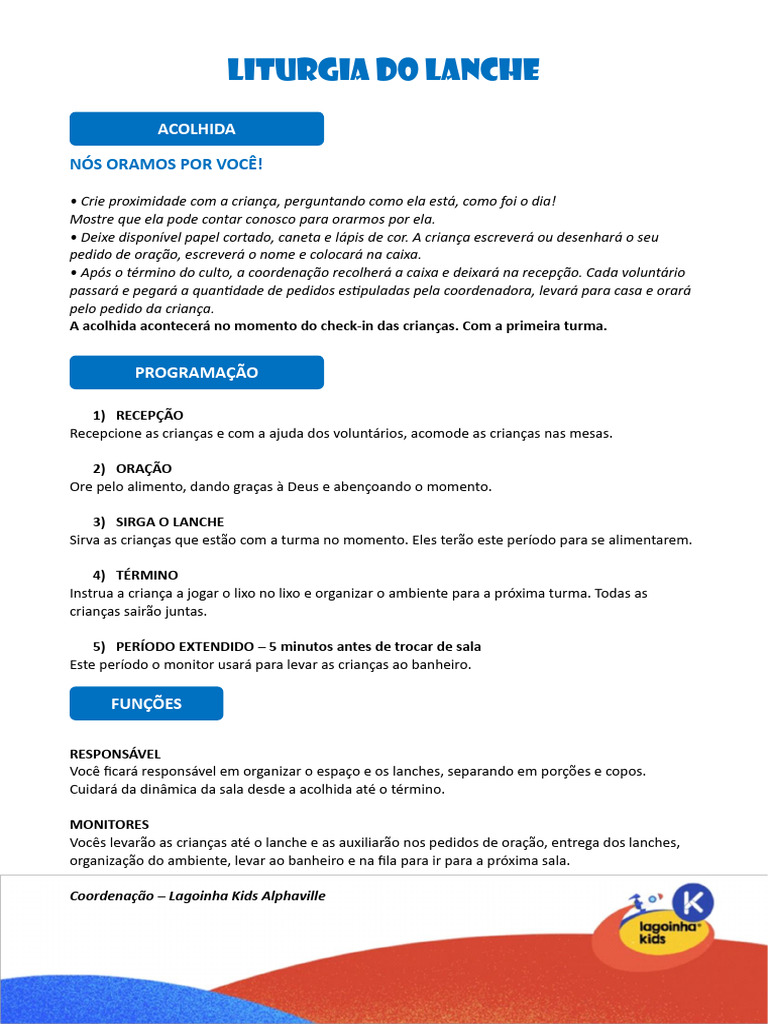 LITURGIA LANCHE - Lagoinha Kids Alphaville | PDF