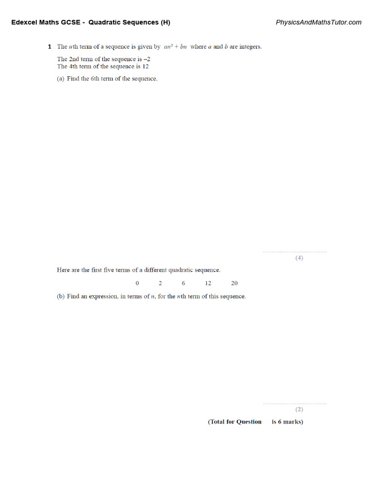 Quadratic Sequences (H) QP | PDF