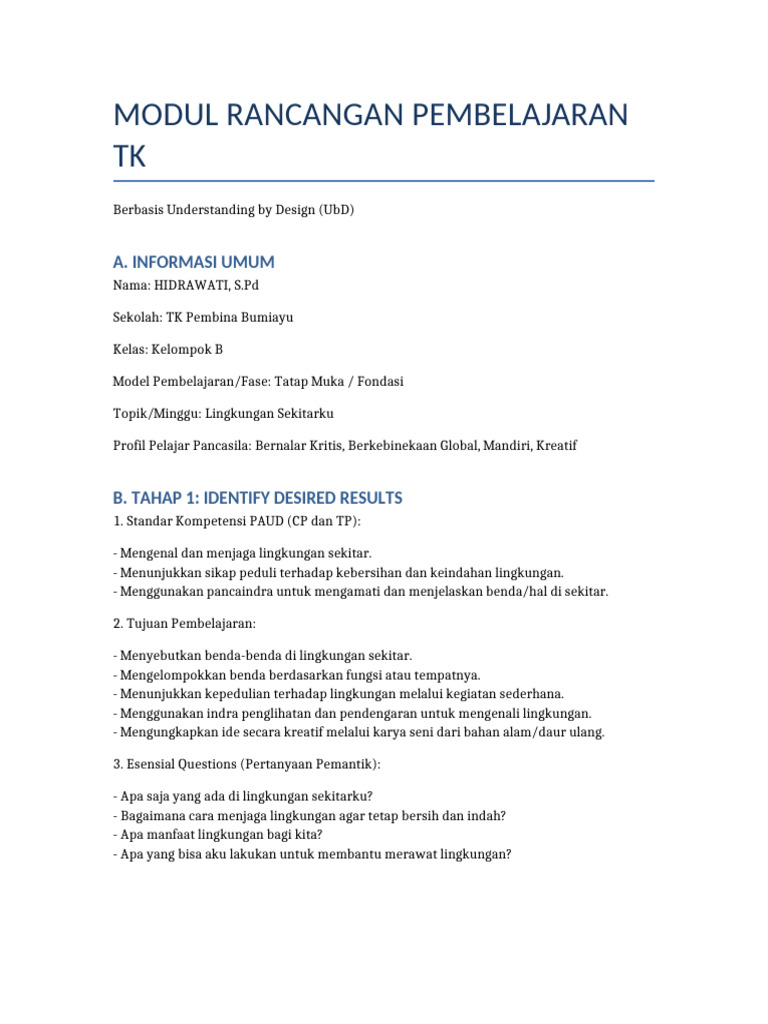 Modul UbD TK Lingkungan Sekitarku | PDF