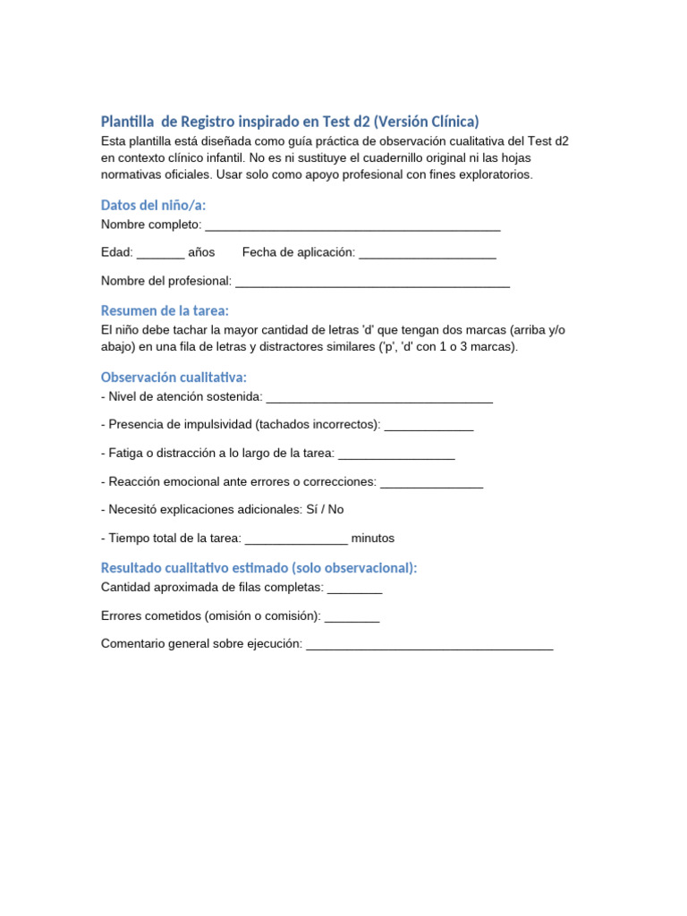 Plantilla Test d2 para Registro Clínico | PDF