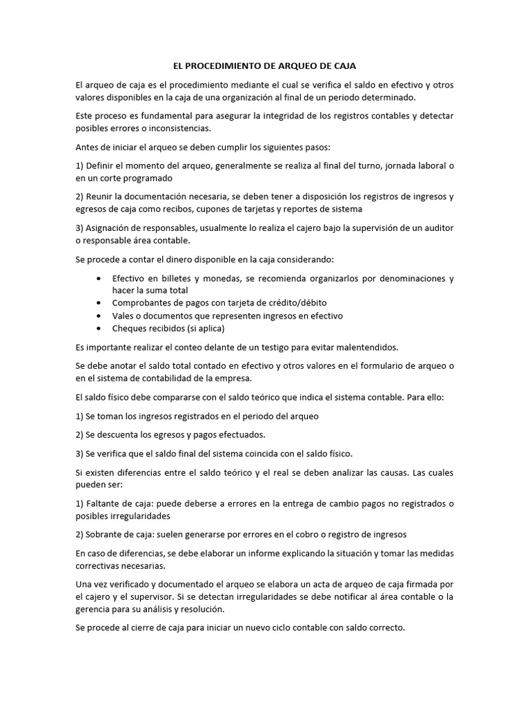 Procedimiento de Arqueo de Caja | PDF | Contabilidad | Efectivo