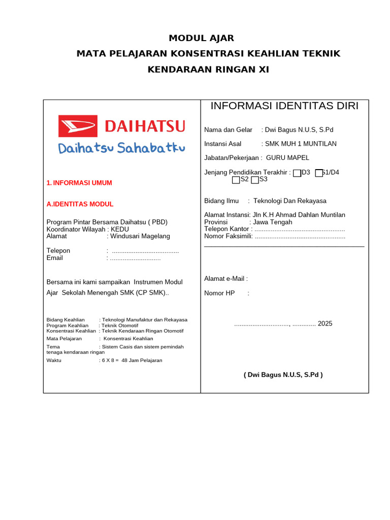 Modul Ajar Sistem Rem - Dwi Bagus N - Konsentrasi Keahlian TKR - Kelas ...
