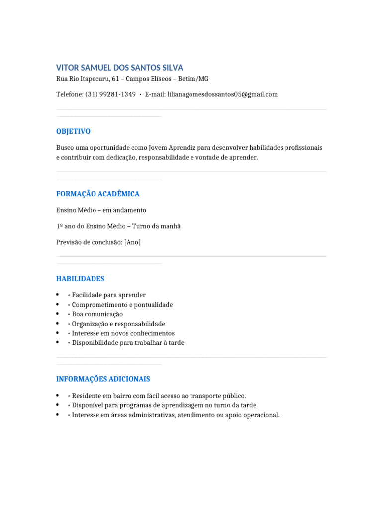 Curriculo Padronizado Jovem Aprendiz Vitor Samuel | PDF