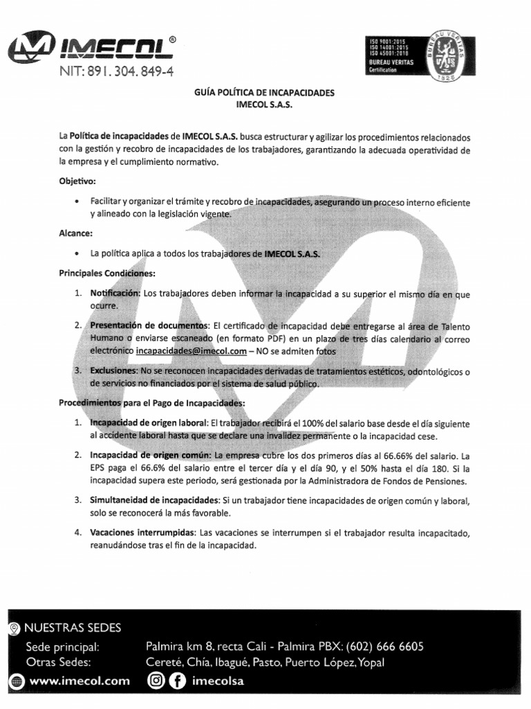 Guía Política de Incapacidades IMECOL SAS | PDF