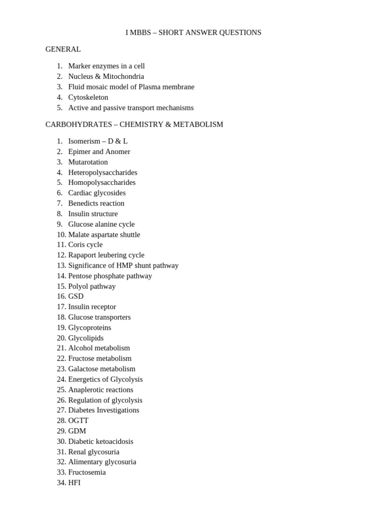 MBBS Short Answer Questions Guide | PDF | Metabolism | Enzyme