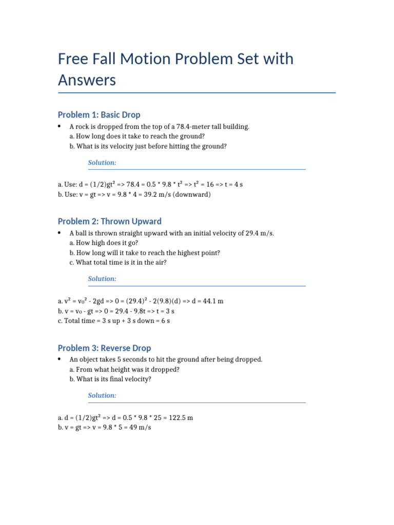 Free Fall Problem Set With Answers | PDF