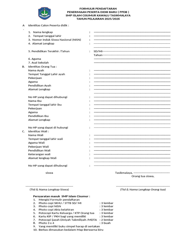 Formulir PPDB SMP Islam Cisumur 2025/2026 | PDF