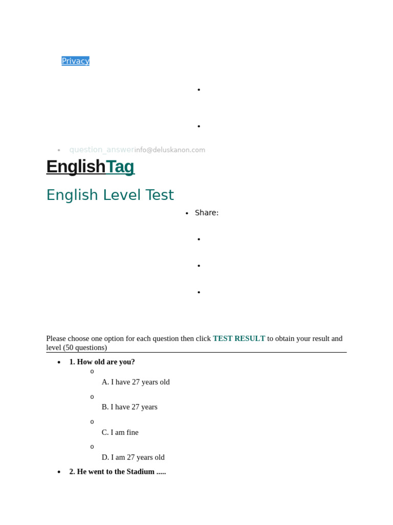 English Tag Level Test Overview | PDF