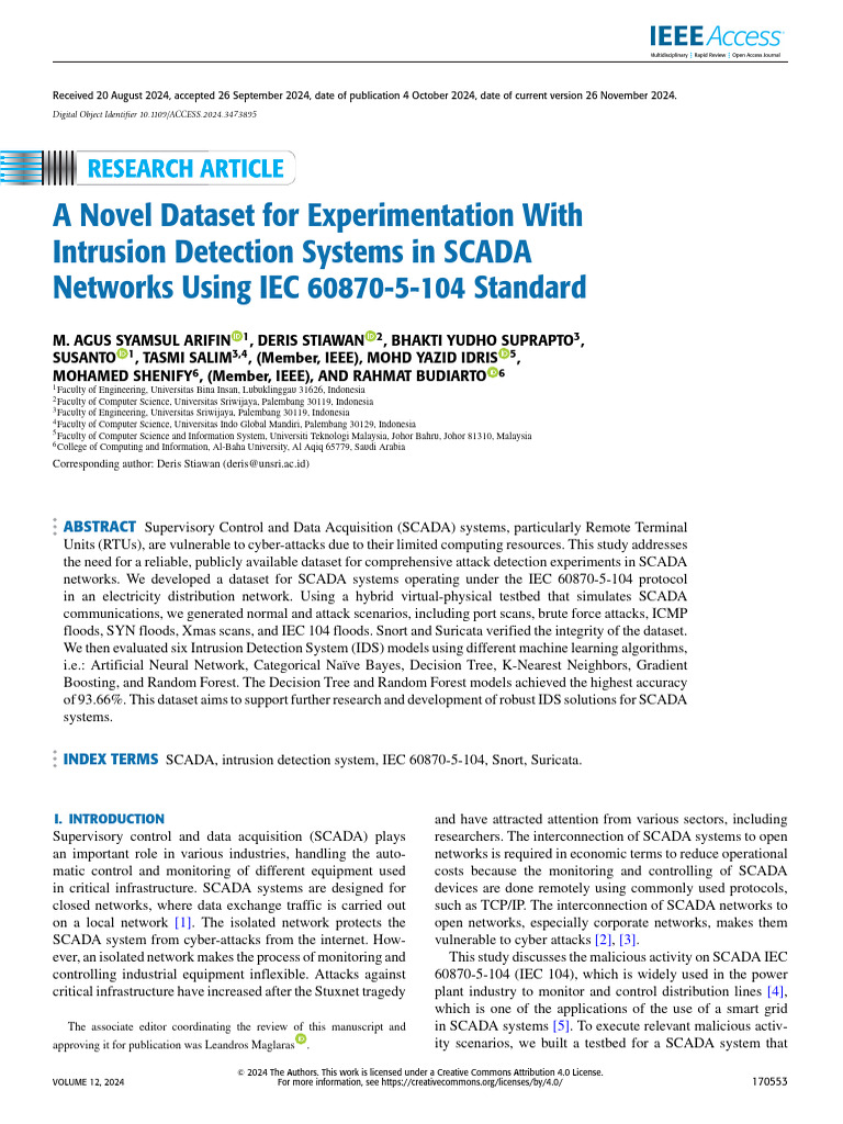 A Novel Dataset For Experimentation With Intrusion Detection Systems in SCADA Networks Using IEC ...