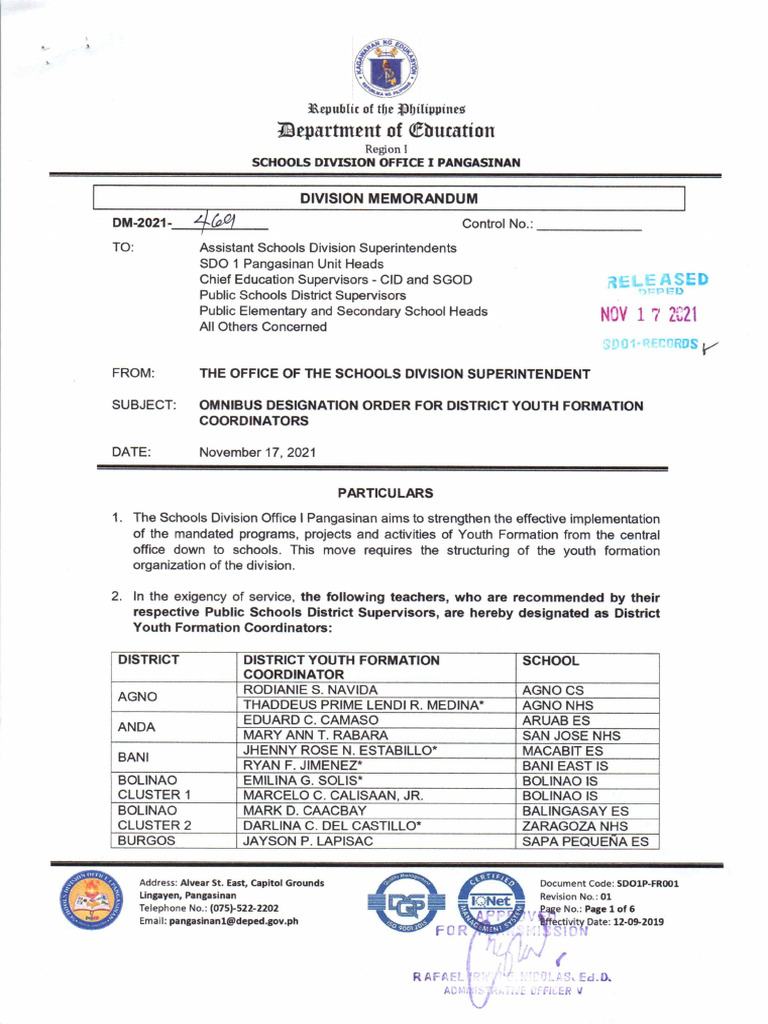 DM469s2021-Omnibus Designation Order For District Youth Formation | PDF