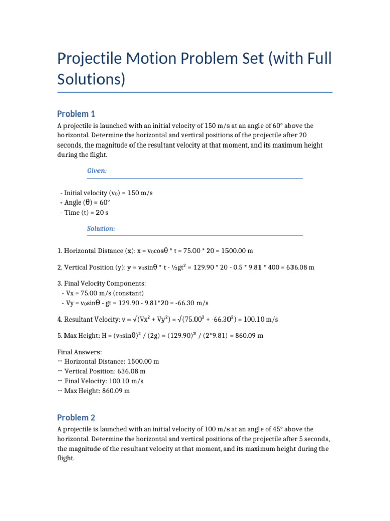 Projectile Motion Problem Set With Solutions | PDF | Projectiles ...