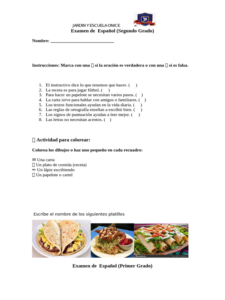 Examen de Español Primer y Segundo Grado 2 Parcial | PDF
