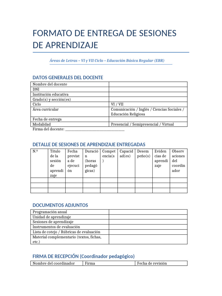 Formato Entrega Sesiones Letras VI VII Ciclo | PDF