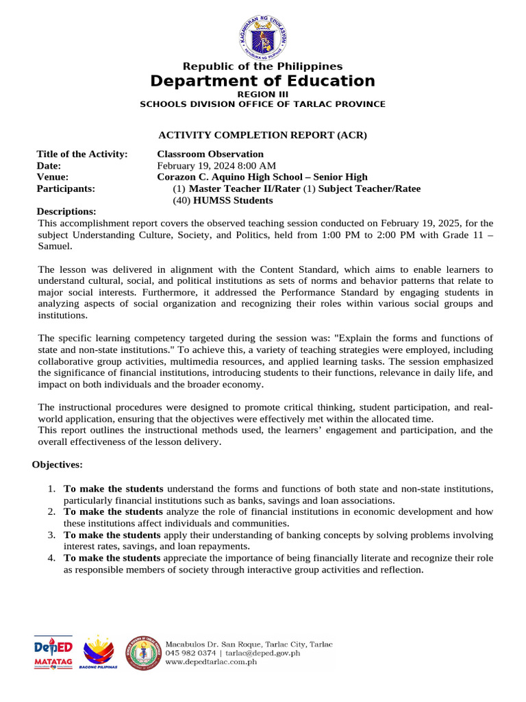 Classroom Observation Report: Financial Literacy | PDF | Learning ...