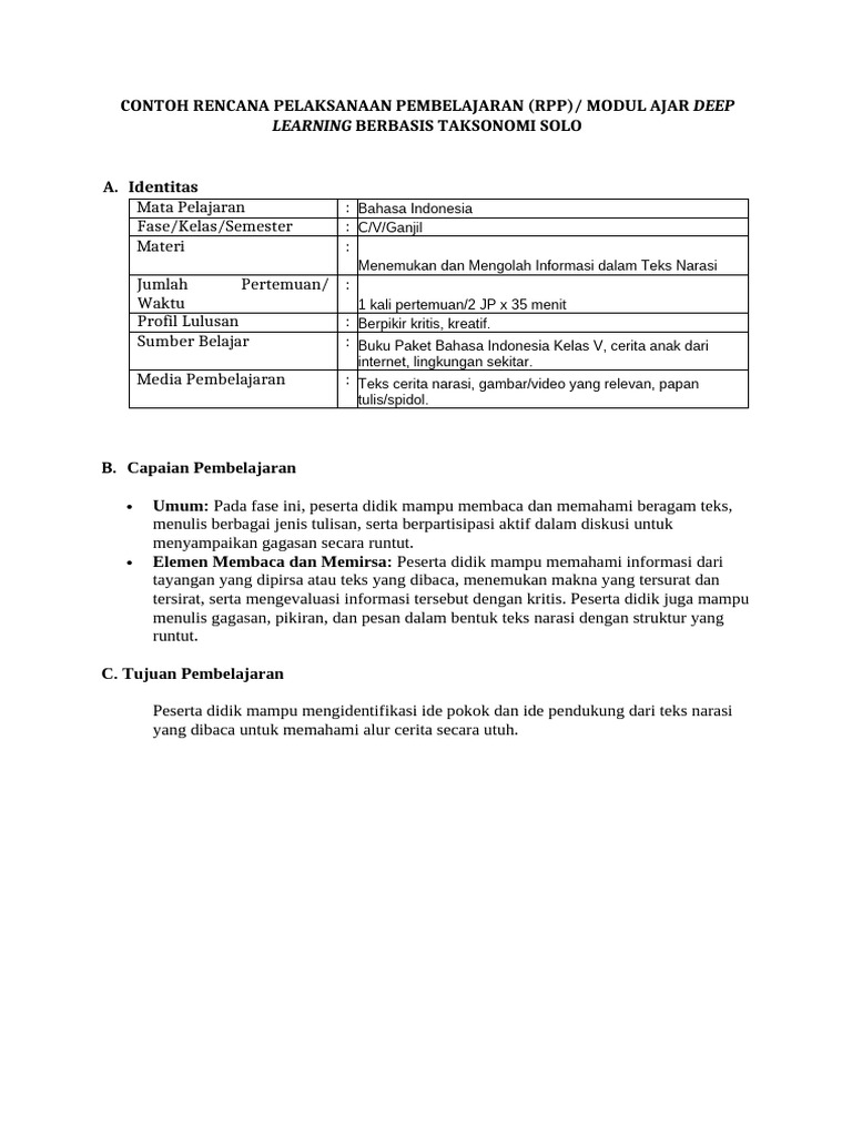Contoh RPP MA Deep Learning Taksonomi SOLO - SMP | PDF