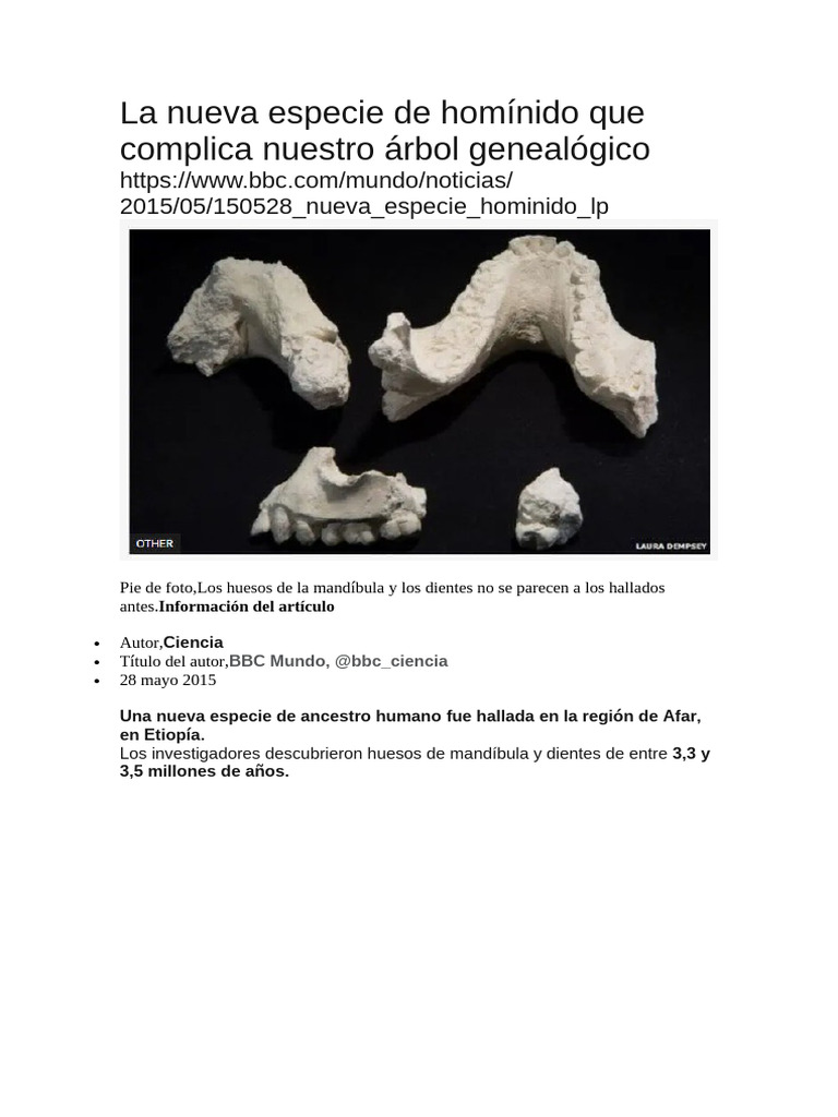 Nueva especie de homínido hallada en Etiopía | PDF | Lucy ...