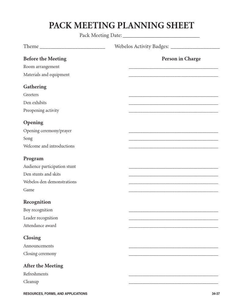 Pack Meeting-Planning Sheet | PDF | Scouting | Youth Movements