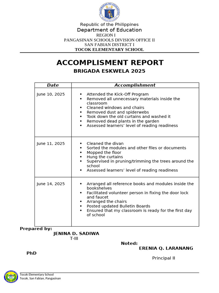 Brigada Eskwela 2025 Accomplishment Report | PDF