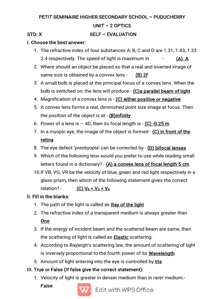 10th Science Unit 2 Questions With Answer English Medium PDF Download | PDF | Atomic | Light