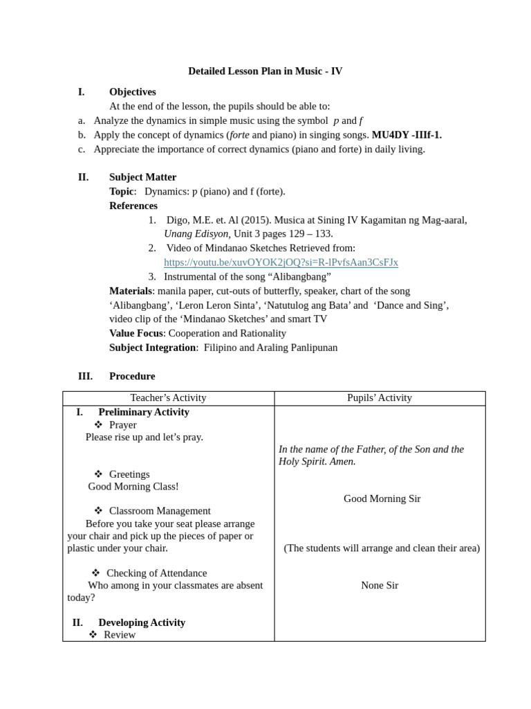 Detailed Lesson Plan in Music Dynamics | PDF | Musicology