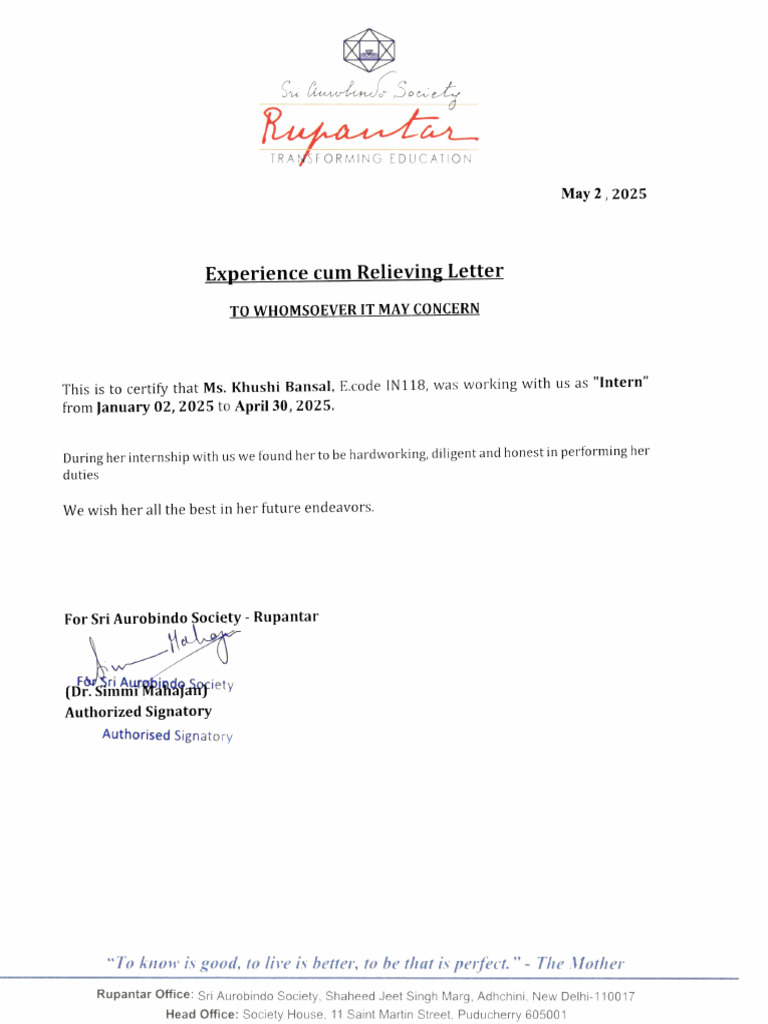 Khushi Bansal - Experience Cum Relieving Letter. | PDF