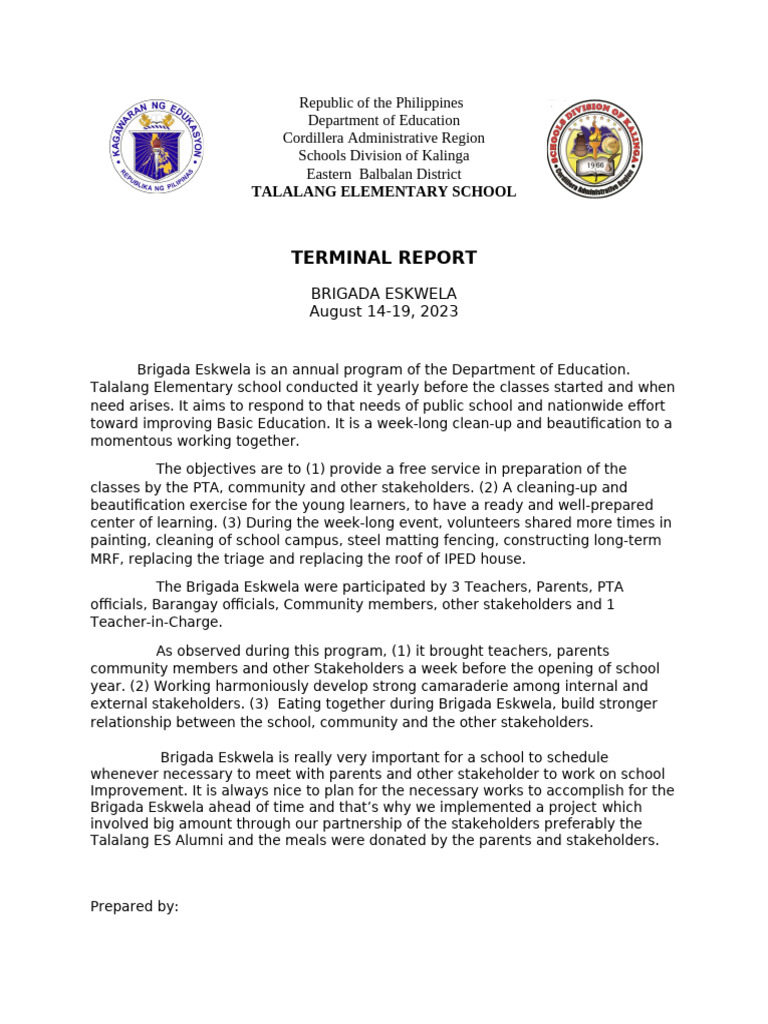 TERMINAL REPORT On Brigada Eskwela. 2022-2023 2 | PDF