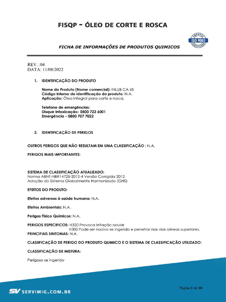 Fispq - Inlub - Óleo de Corte e Rosca | PDF