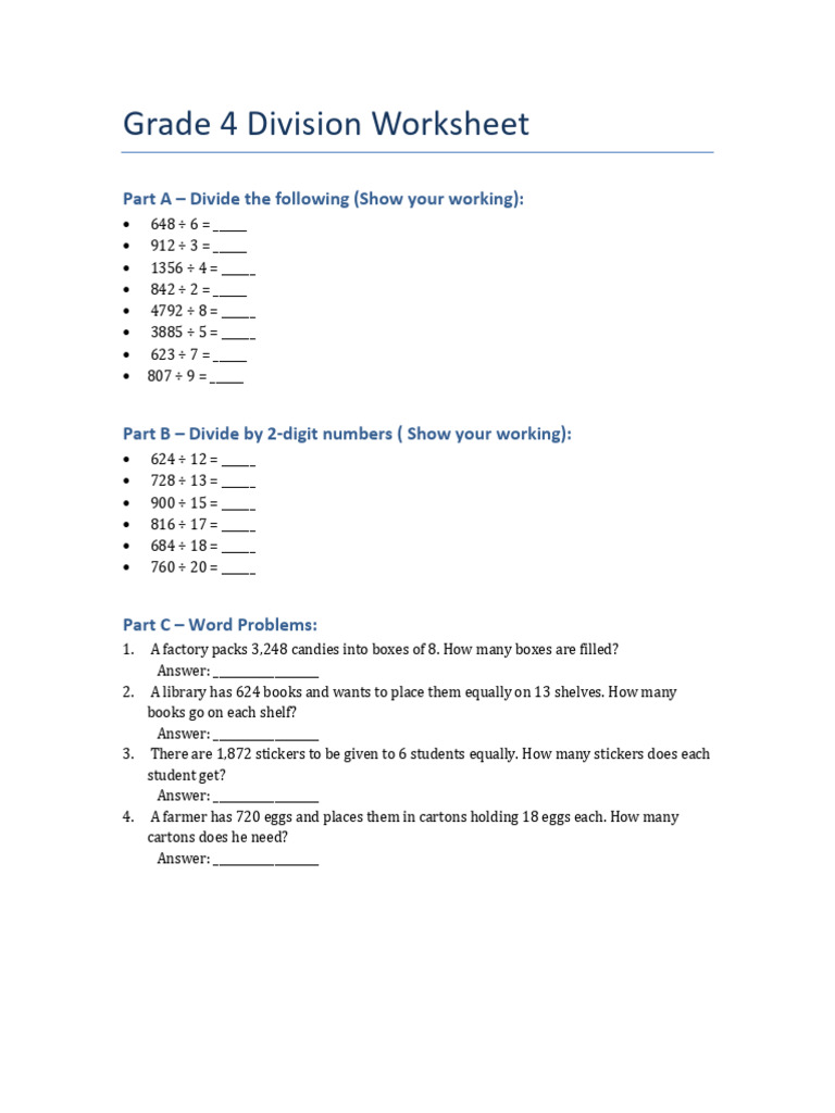 Grade 4 Division Practice Worksheet | PDF