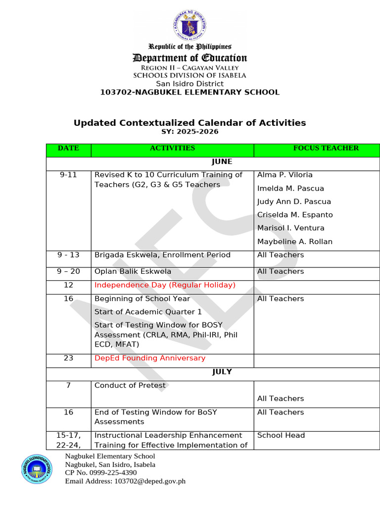 2025-2026 School Calendar Activities | PDF