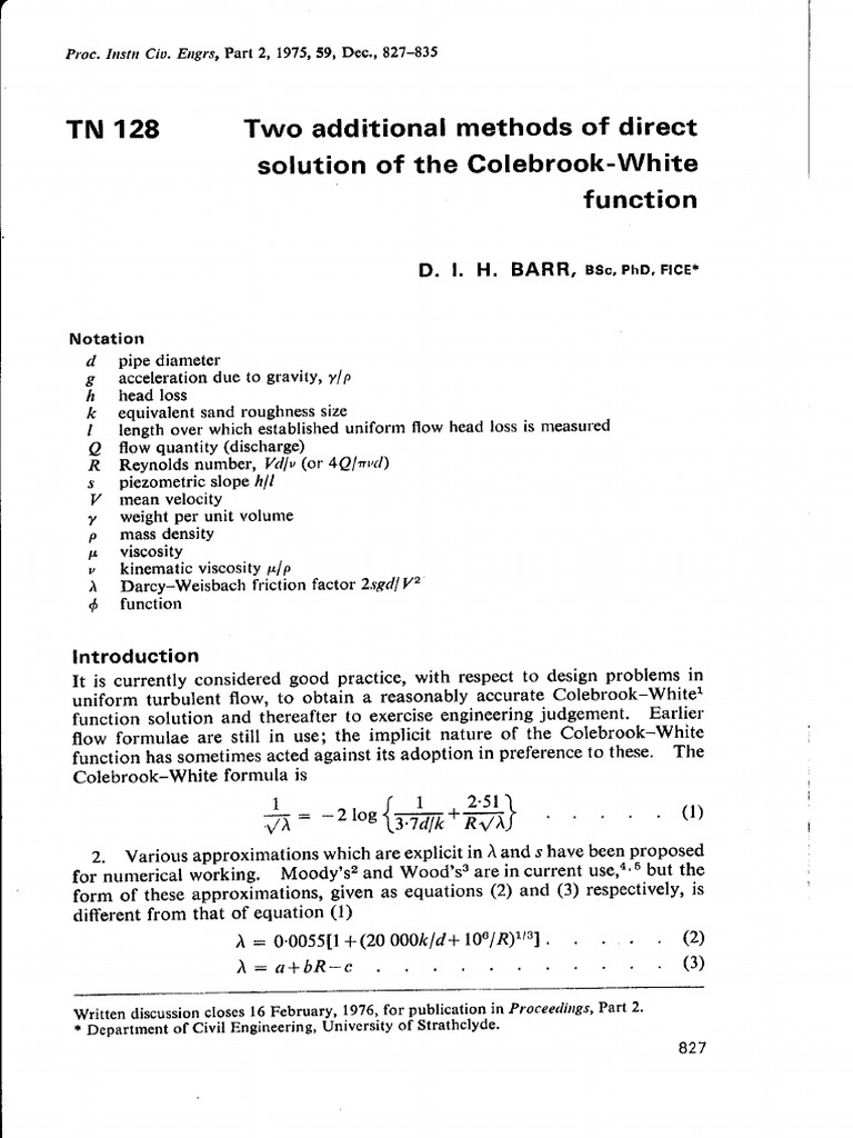 Barr - Two Additional Methods of Direct Solution Colebrook Function ...