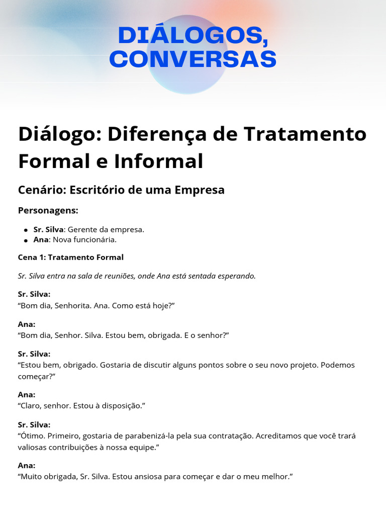 Diálogo Diferença de Tratamento Formal e Informal | PDF