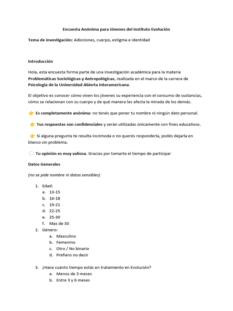 Encuesta Anónima para Jóvenes Del Instituto Evolucion Ej3 | PDF | Ciencias del comportamiento ...