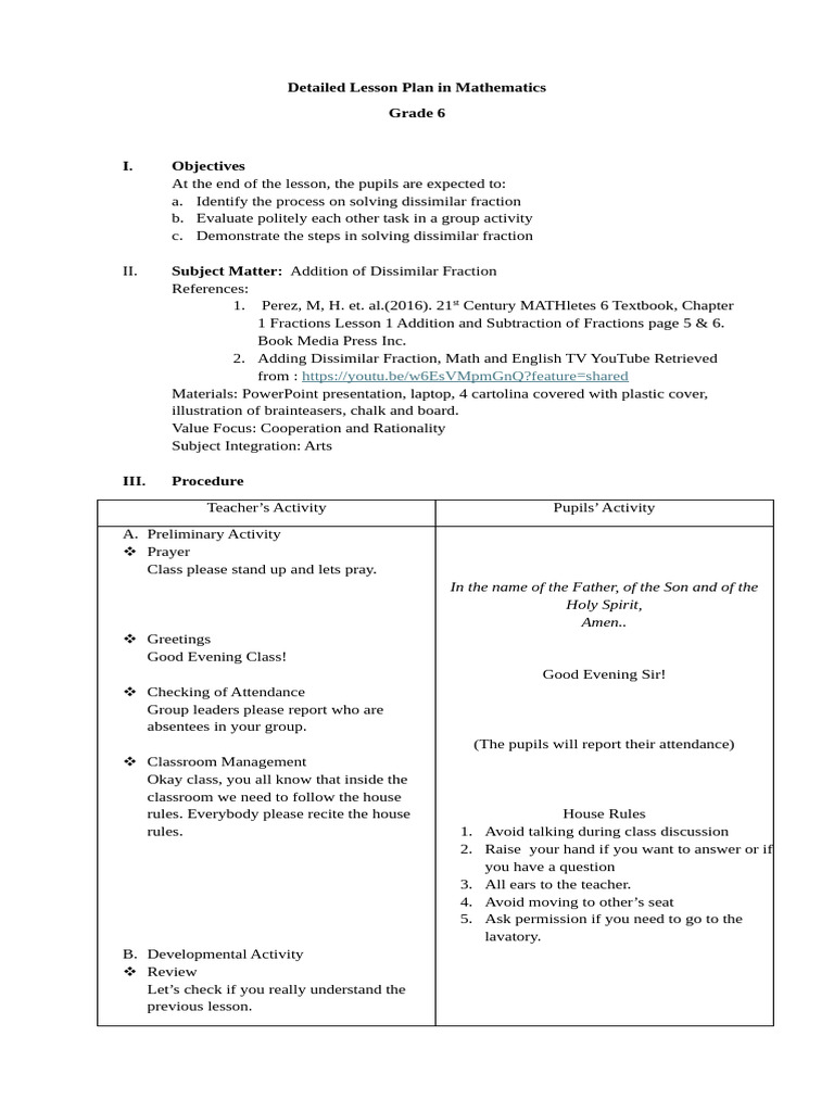 DLP - Addition of Dissimilar Fractions | PDF | Elementary Mathematics ...