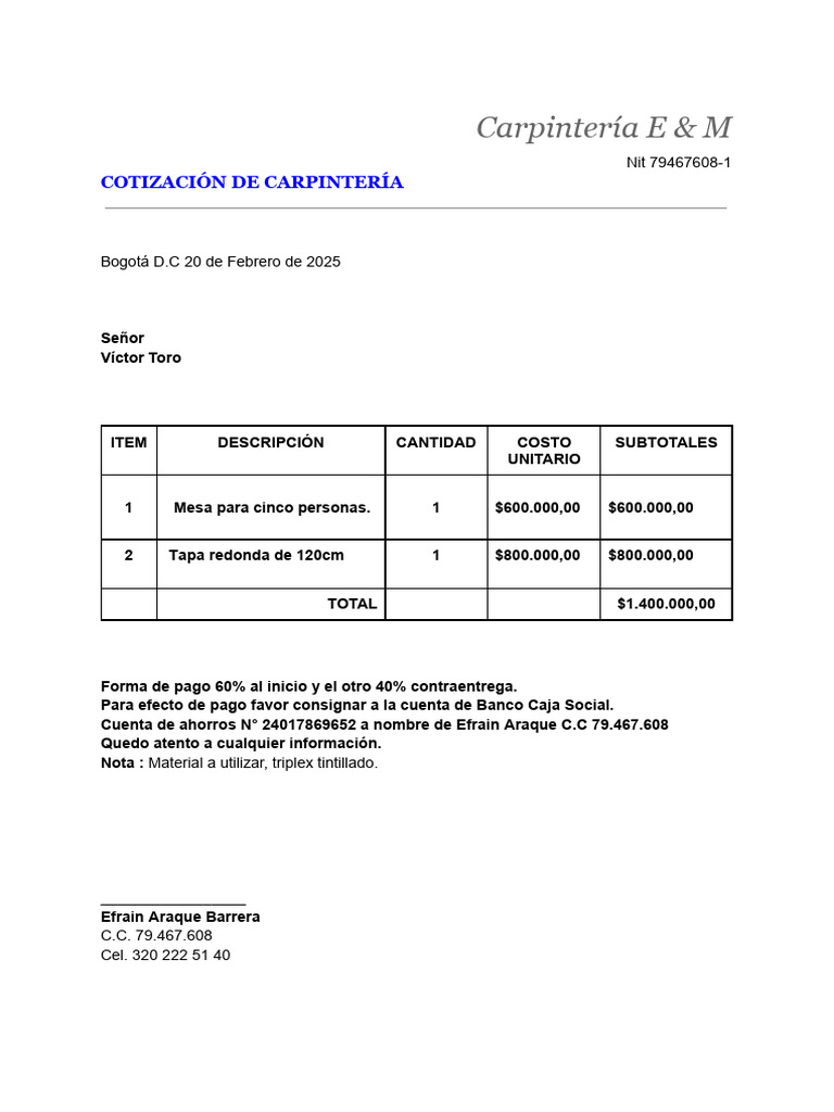 Cotización Carpintería - 1 | PDF