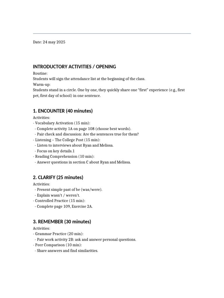 Engaging ESL Lesson Plan on First Experiences | PDF