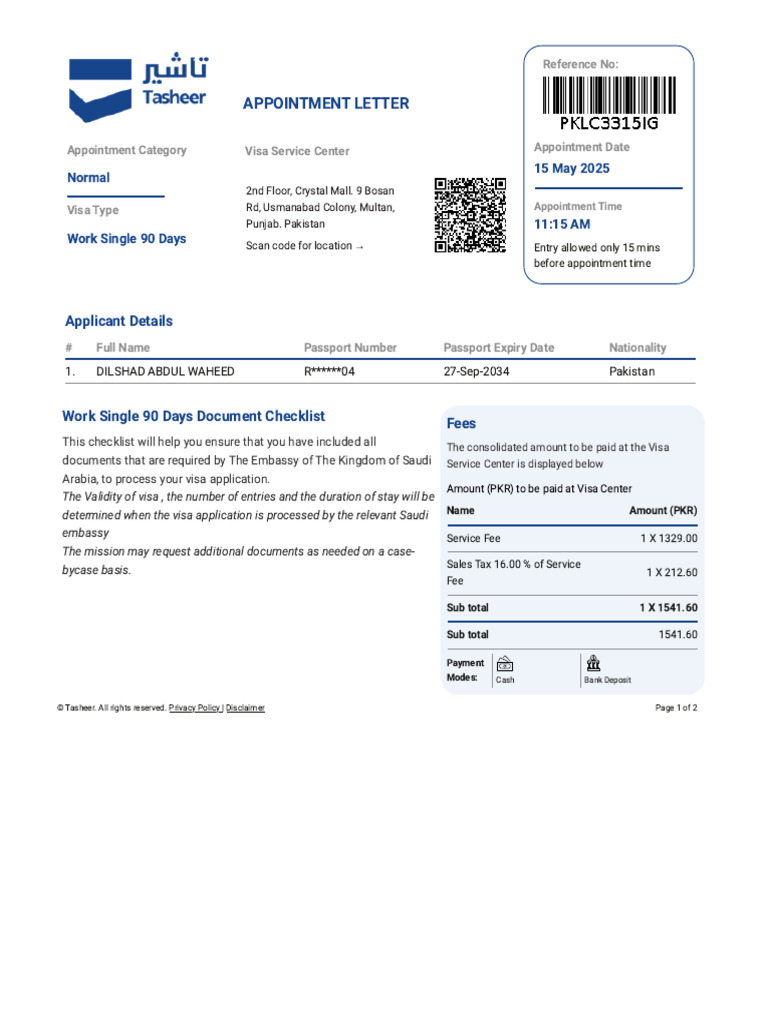Tasheer Visa Appointment Details | PDF | Travel Visa | Passport