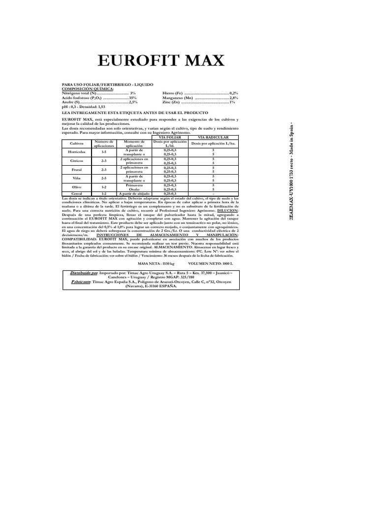 Eurofit Max: Fertilizante Líquido Foliar | PDF | Agricultura