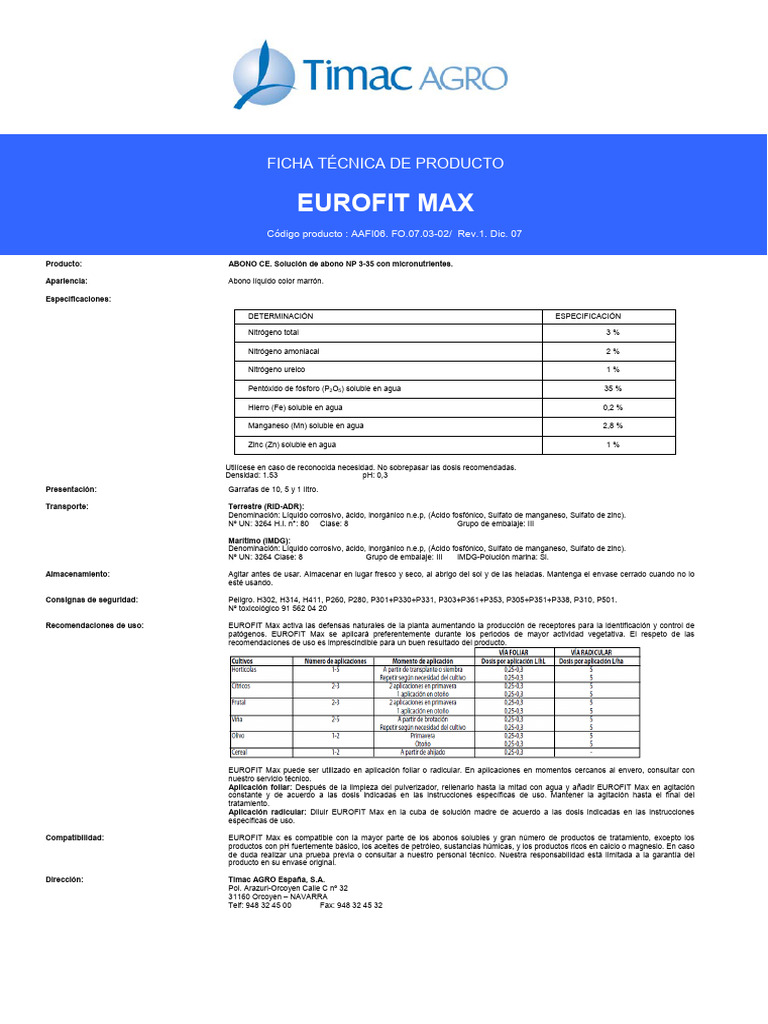 Abono Eurofit Max: Especificaciones y Uso | PDF | Fertilizante | Agua