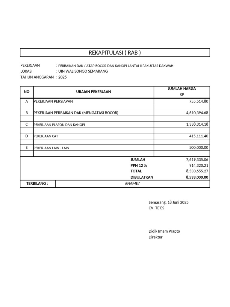 RAB Perbaikan Atap dan Kanopi 2025 | PDF