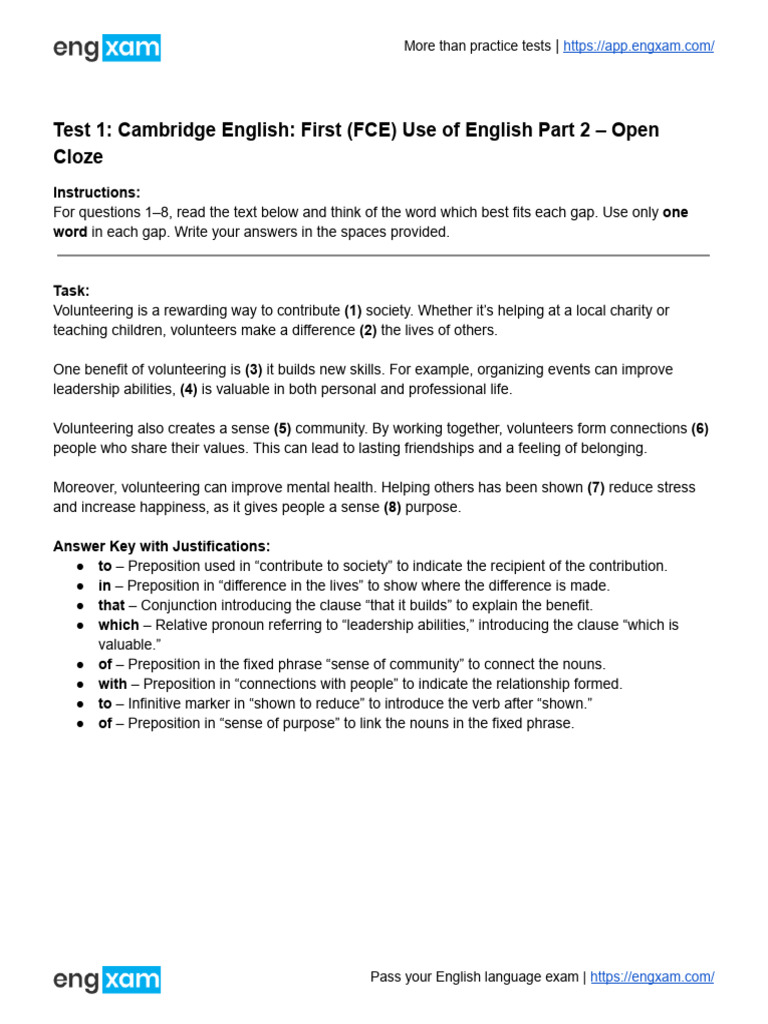 First FCE Use of English Part 2 - Open Cloze - Practice Test PDF | PDF