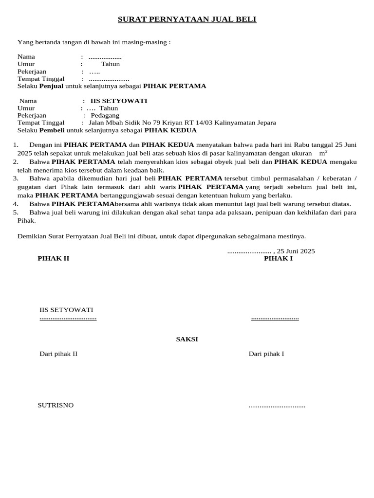 Surat Pernyataan Jual Beli Kios Pasar | PDF