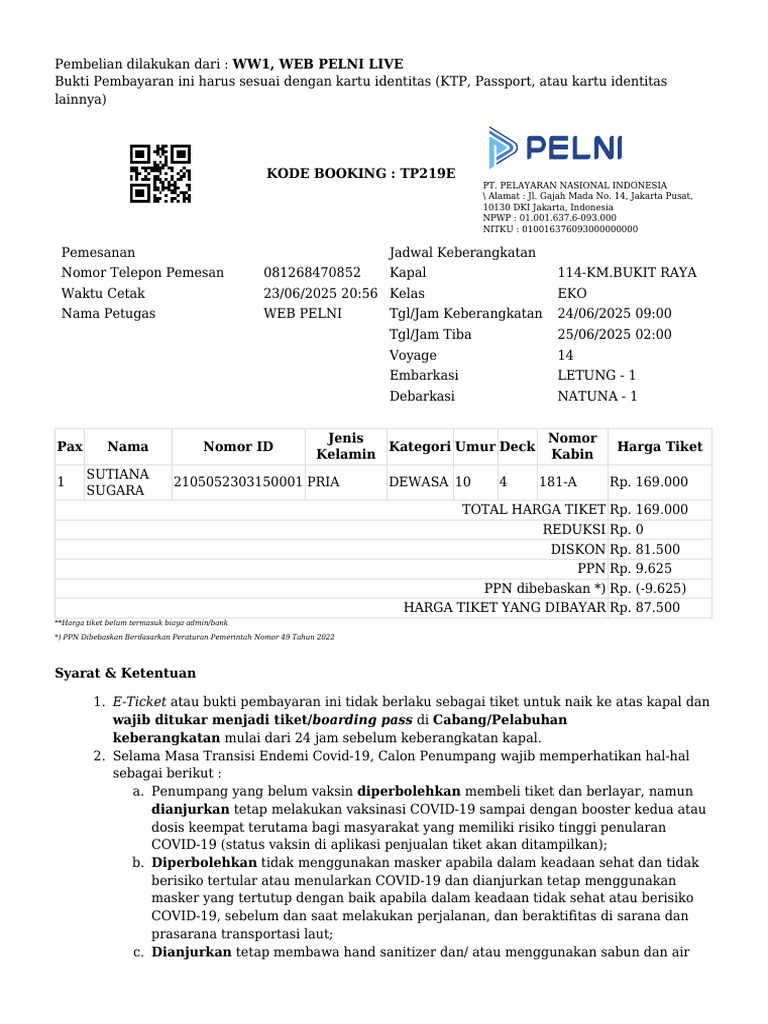 Contoh Eticket - TP219E Dari KM. Bukit Raya Rute Letung-Natuna | PDF