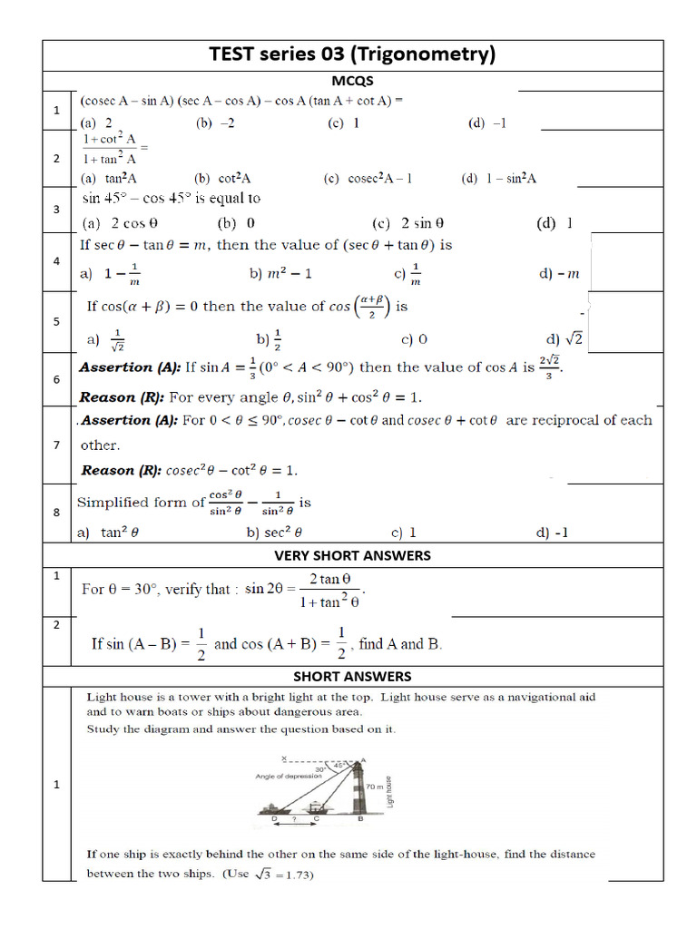 Trigonometry MCQs and Case Studies | PDF